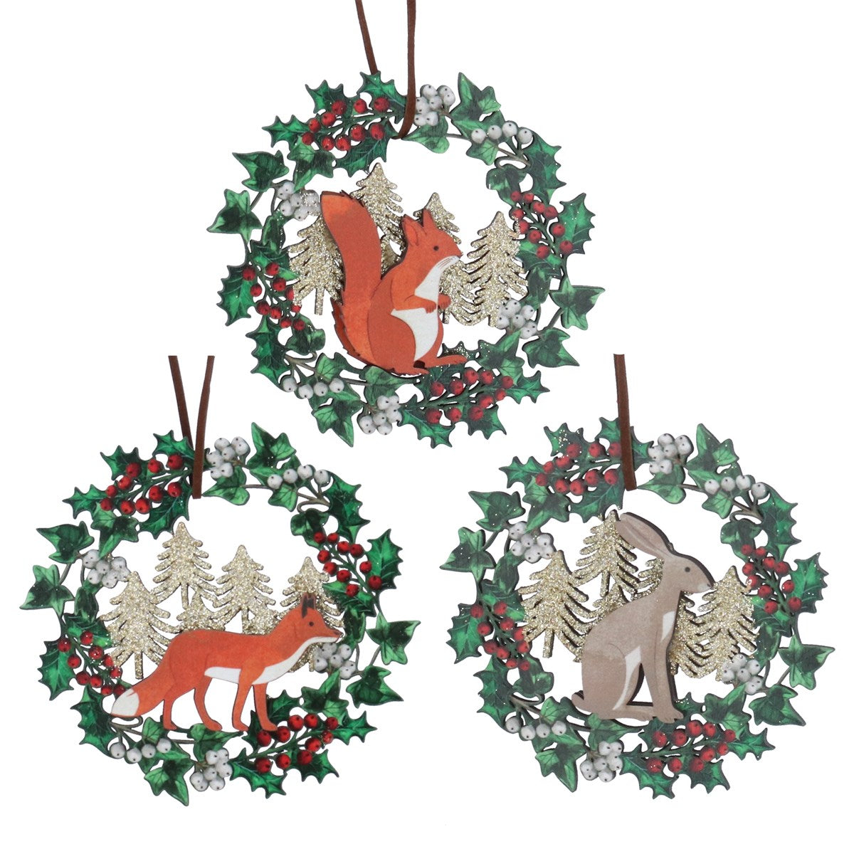 Christmas Decoration - Holly & Ivy Wreath with Animals Wood Fretwork – Plymouth Garden Centre
